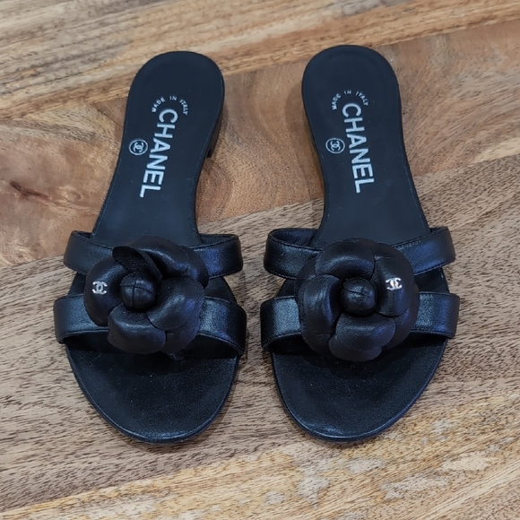 CHANEL | Shoes | Chanel Black Floral Womens Slides Us 55 | Poshmark